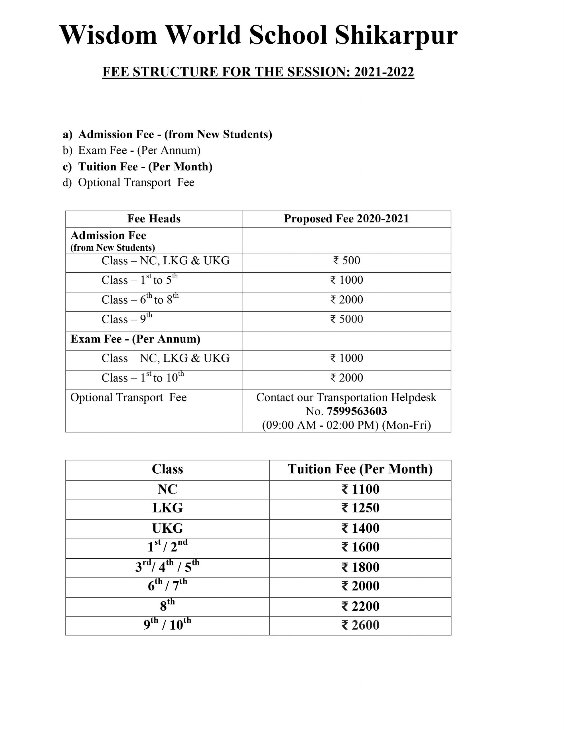Fee Structure Wisdom World School